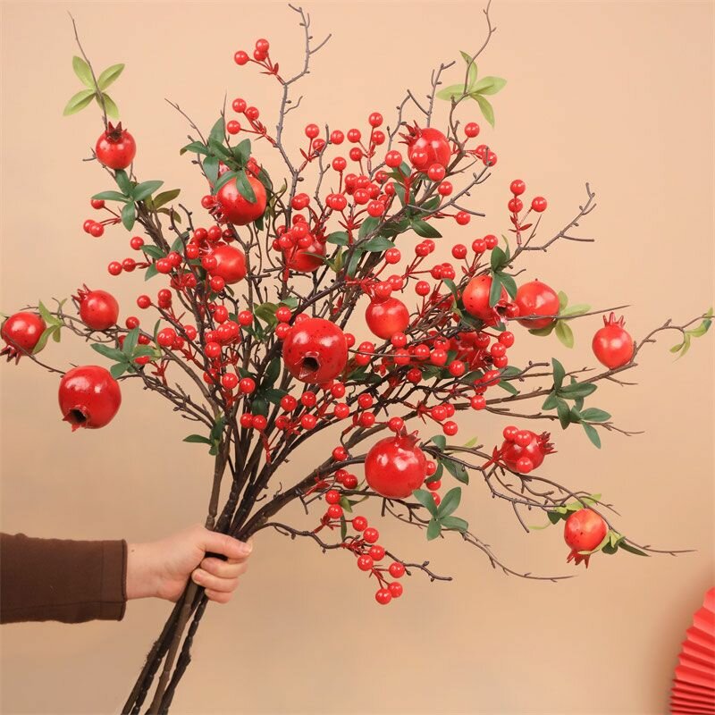 Искусственный цветок граната, декоративный цветок, красный фрукт, фрукт удачи, ветка хурмы, новогоднее украшение, цветочный орнамент на Новый год