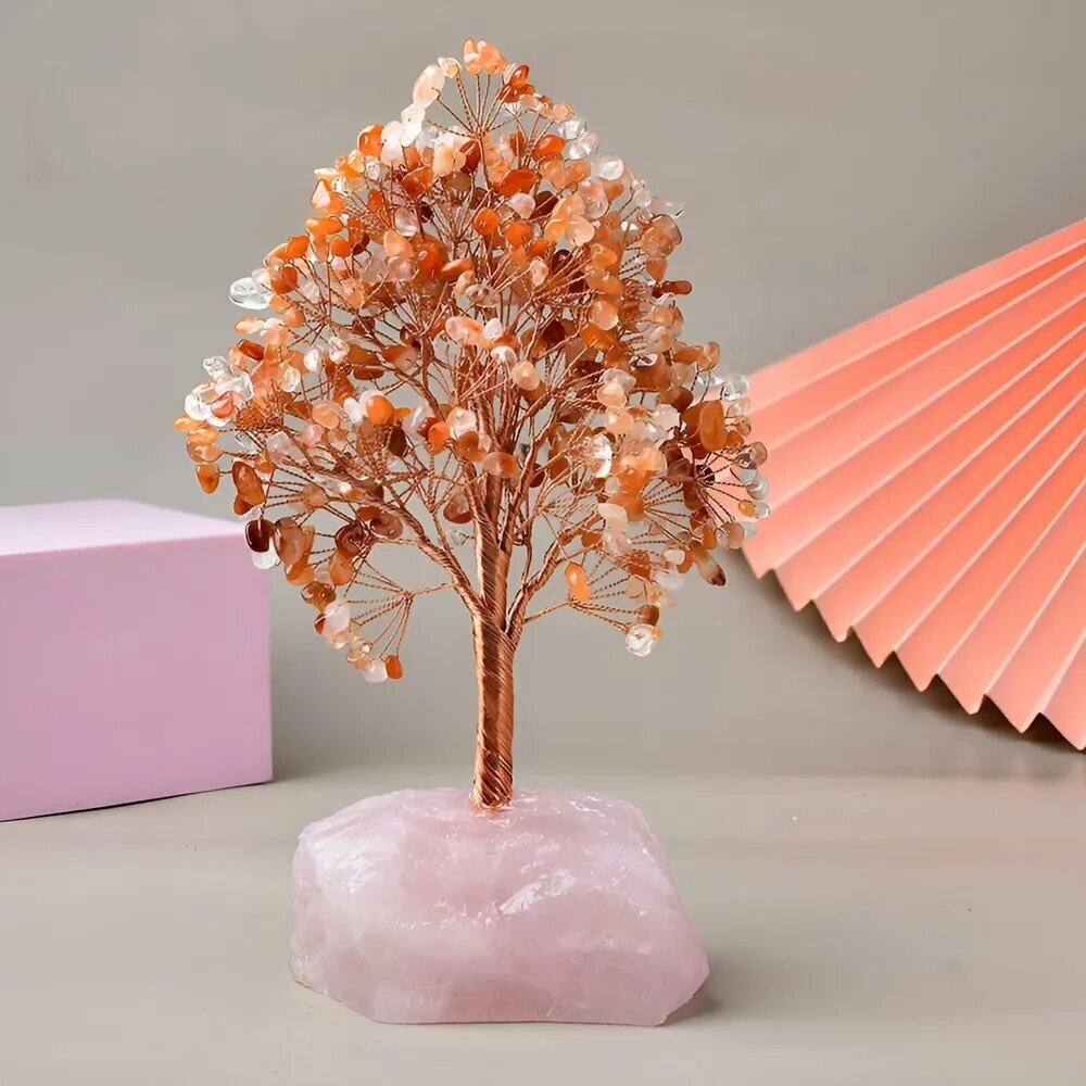 Натуральное хрустальное гравийное дерево, основание из розового хрусталя, дерево из медной проволоки, украшение домашнего офиса, высота 23 см