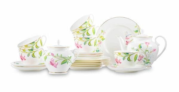 Сервиз чайный. Форма "Весенняя-2", рисунок "Сад мечты". 20 предметов на 6 персон. Костяной фарфор. Императорский фарфоровый завод ИФЗ ЛФЗ.