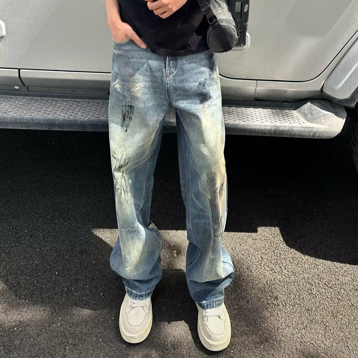 JYL Джинсы Мужские Винтажные Серые Кляксы Рваные Прямые Широкие Ноги Деним, Размер_M