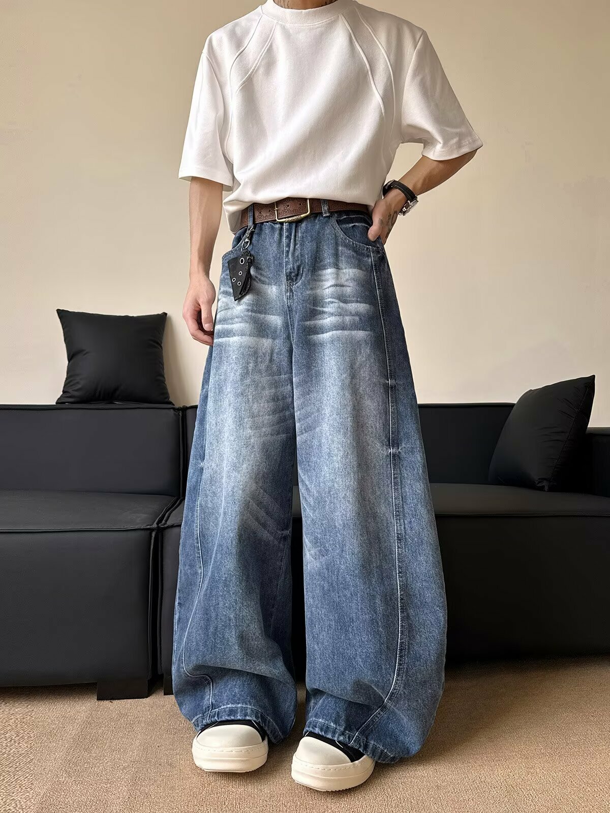 JYL Джинсы Мужские Буткют Винтажные Дизайн Свободные Широкие Длинные Деним, Размер_XXL