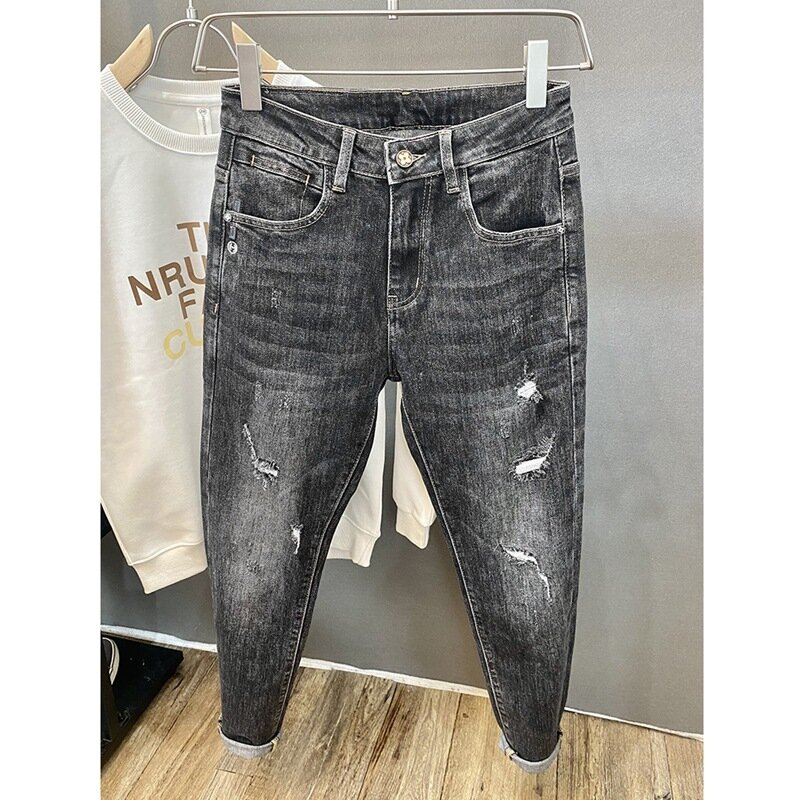 Тренд RONG CH Мужские Джинсы Весна Потертые Пэч Эластичные Слим Харем Деним, Размер_34