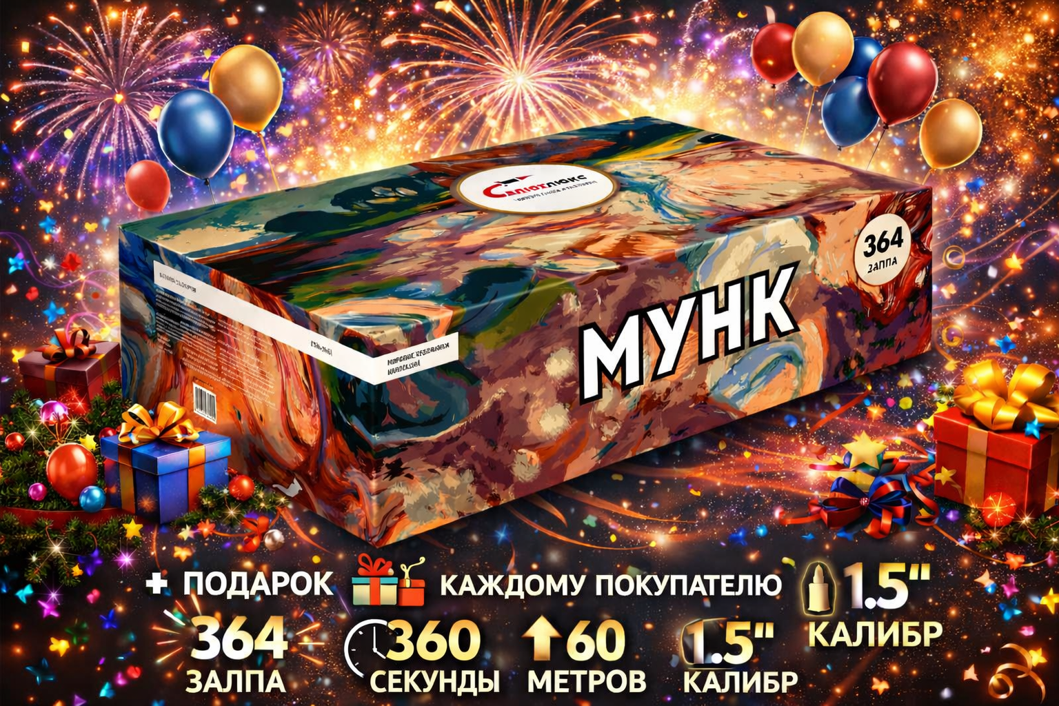 Топовый веерный фейерверк салют "Мунк" 364 залпа