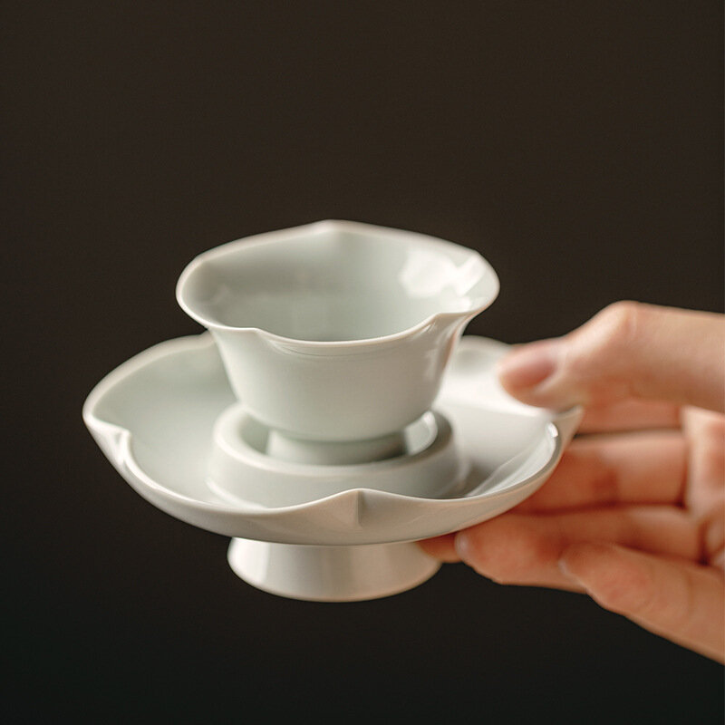 Чайная чаша с цветочным краем на высокой ножке, селадоновая глазурь Юэ, чайная посуда в стиле Сун, ручная работа