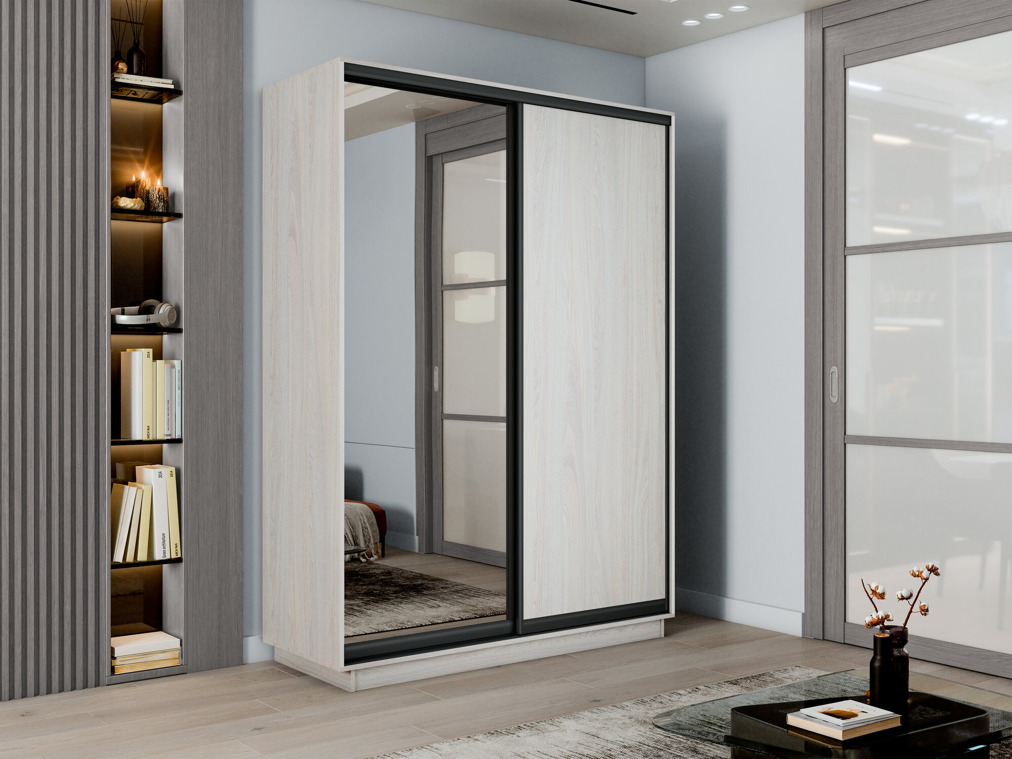 Шкаф купе Вилли 2-х дверный ЛДСП с зеркалом, профиль черный 160 см х 220 см х 45 см (Ясень анкор-светлый)