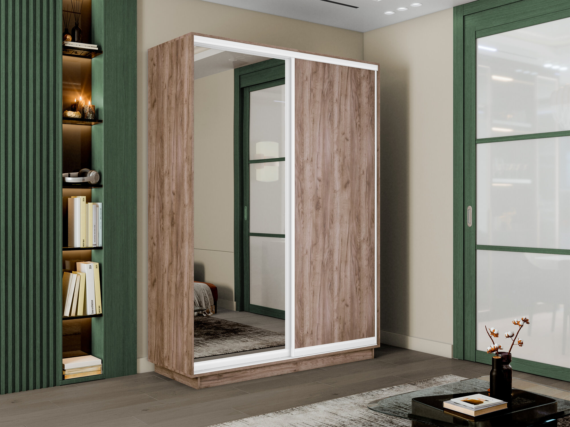 Шкаф купе Вилли 2-х дверный ЛДСП с зеркалом, профиль белый 120 см х 220 см х 60 см (Крафт табачный)