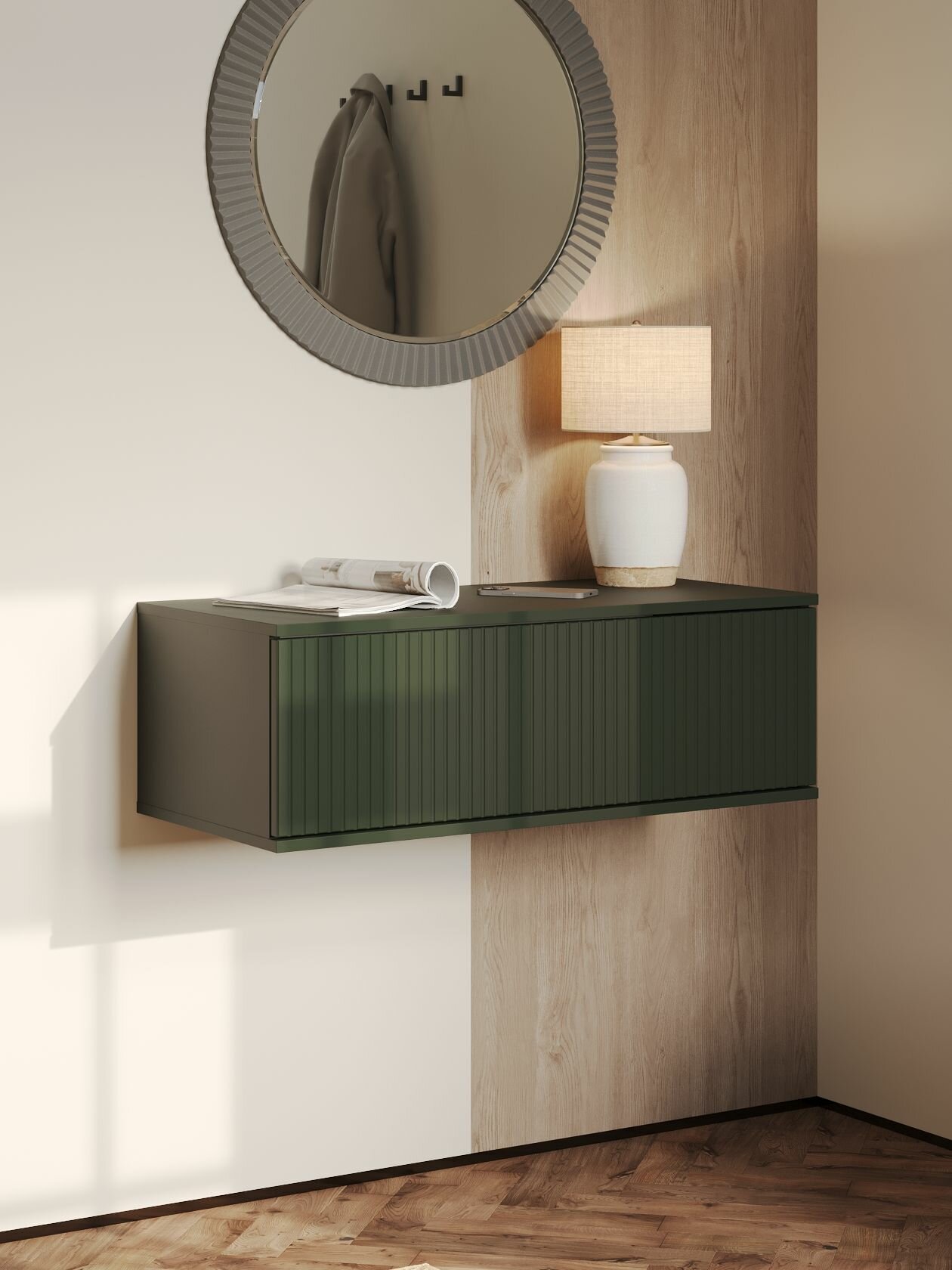 Тумба под телевизор навесная Амели Мини ТВ с ящиком, 90.2х41.6х29.9 см, Оливковый базальт