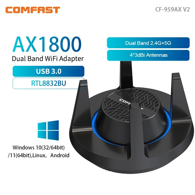 Comfast 1800 Мбит/с Wi-Fi6 Сетевая карта без привода USB3.0/2.0 Wi-Fi адаптер 2,4/5,8G двухдиапазонный Wi-Fi-ресивер 4*3dBi антенны Win/LINUX
