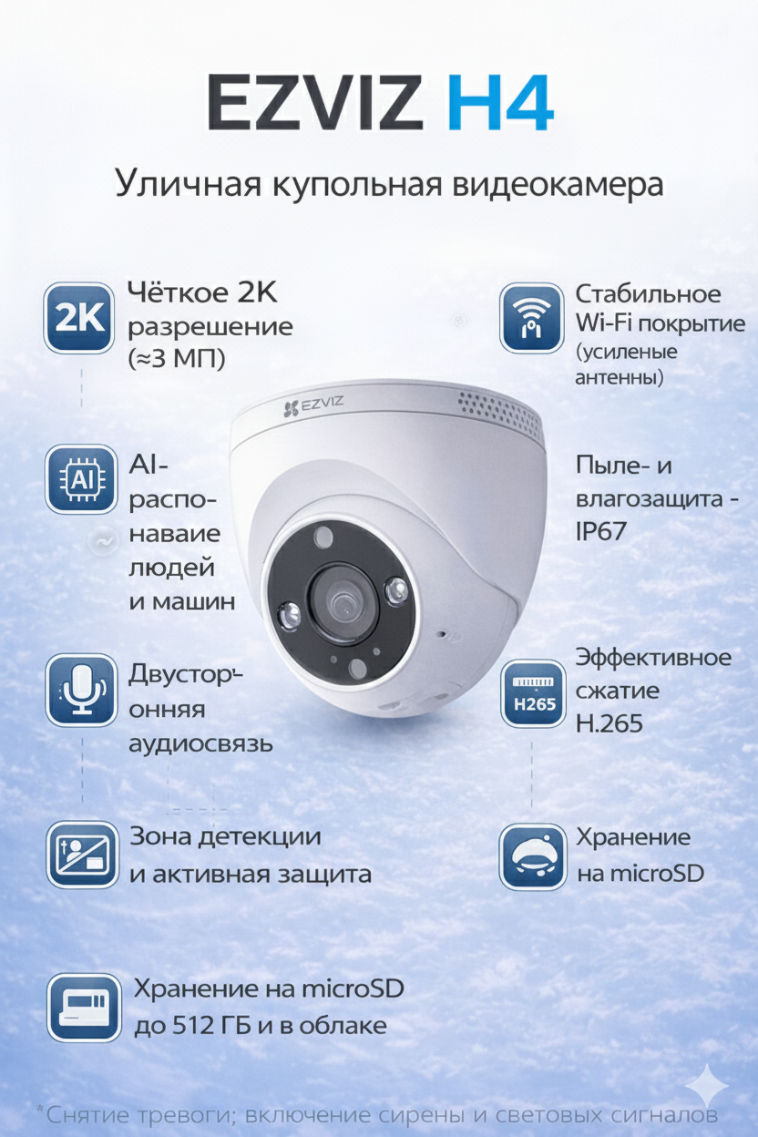 Камера видеонаблюдения Ezviz CS-H4, 3Мп, купольная, ИК-подсветка, Wi-fi