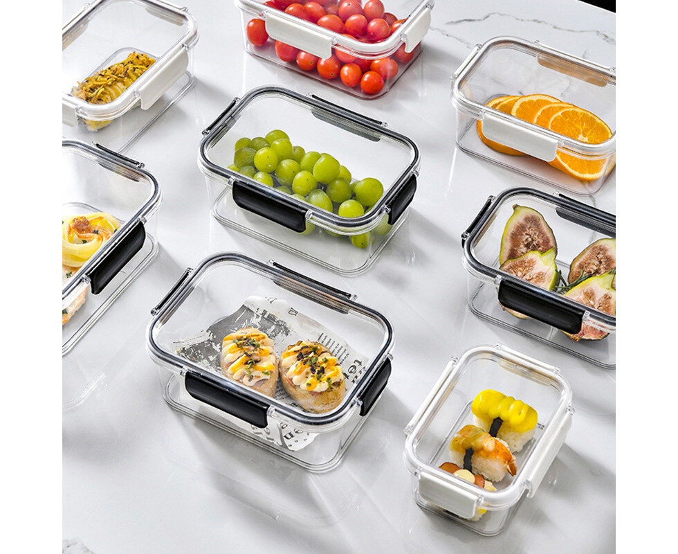 Кухонная герметичная контейнер для хранения, стеклянный прямоугольный с верхней крышкой, прозрачный/черно-белый, объем 1,1 л, размеры19,5 x 13,7 x 7 см (длина x ширина x высота), материал боросиликатное стекло/тритан, с прочной крышкой, без BPA,