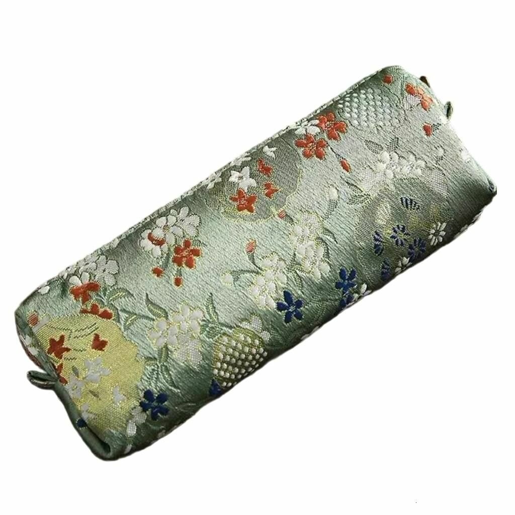 Ретро пенал с цветочной вышивкой, - Зеленый цвет фасоли из парчи