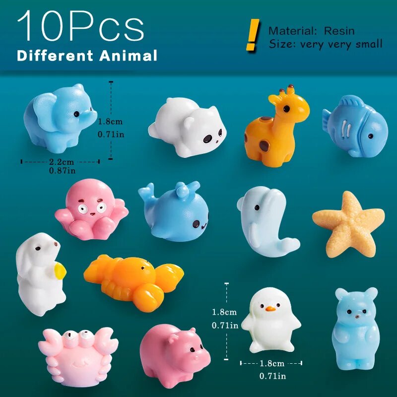 Набор Из 10 Миниатюрных Фигурок Животных — Осьминог, Дельфин, Рыба, Краб, Лобстер, Пингвин, Кролик, Жираф, Медведь