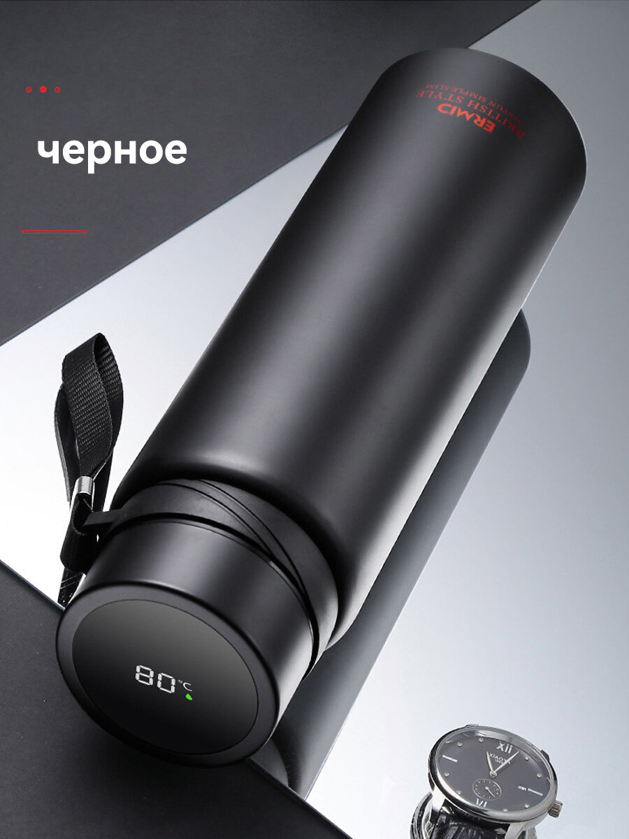 Термос с температурным датчиком и LED-дисплеем, чёрный цвет, 1000 мл, материал SUS 304, сохраняет тепло и холод