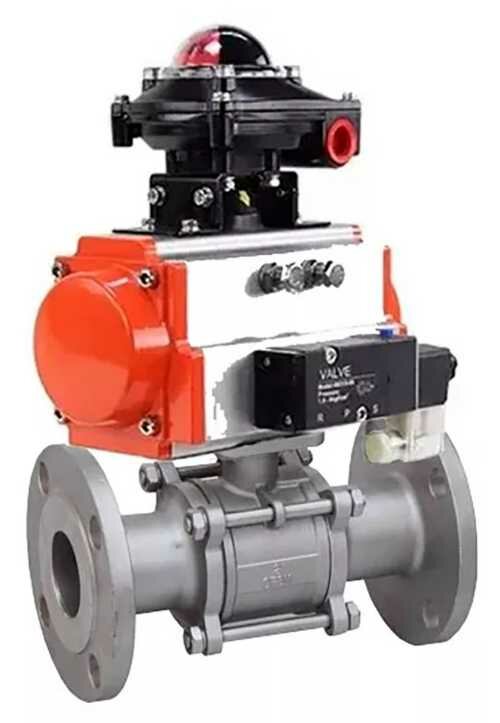 Кран шаровой DN.ru кшфпт 304.180 Ду50 Ру40 фланцевый, полнопроходной, трехсоставной, корпус - нержавеющая сталь 304, уплотнение - PTFE, с пневмоприводом DA-065, пневмораспределителем PND2-S1EM-52-1NC-J08-24VDC и БКВ LSB-510-02ExM12-250 (опрессовано)