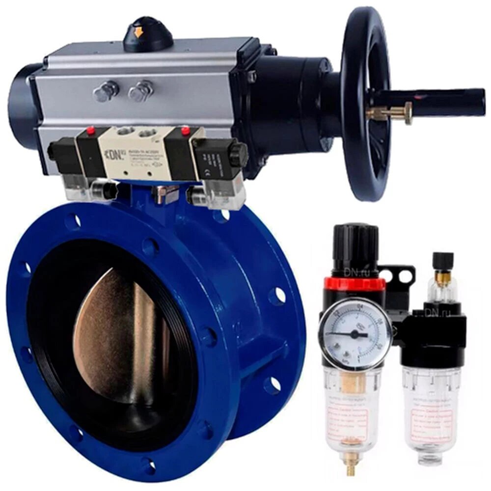 Затвор дисковый поворотный DN.ru GGG40-304-EPDM-2W-F Ду100 Ру16, фланцевый, корпус - чугун GGG40, диск - нержавеющая сталь 304, уплотнение - EPDM, с пневмоприводом DA-105-1, с пневмораспределителем PND1-S2EM-52-2-T10-220VAC, БПВ APU1-10-40-V08