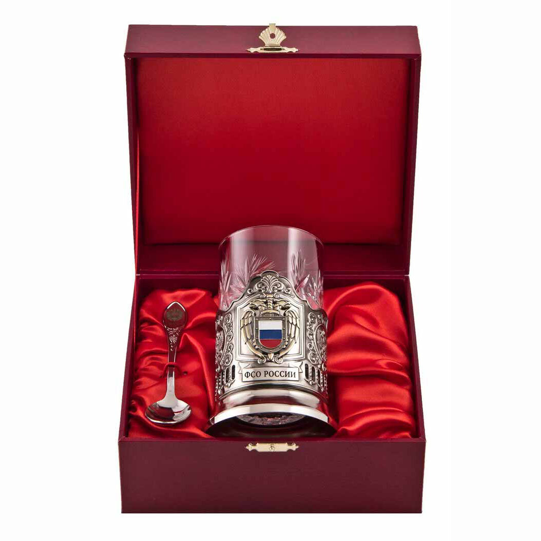 Набор для чая "ФСО" (3 пр.) дерев. футляр, хруст. стакан, ложка-нерж. грав. ПД-606/1