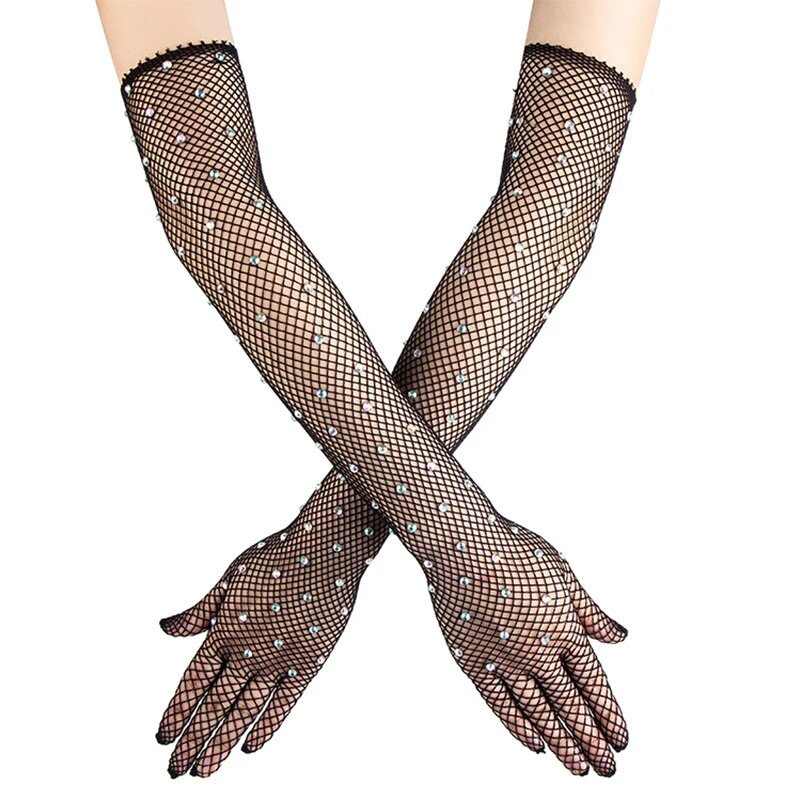Перчатки женские сетчатые с кристаллами, черные R51