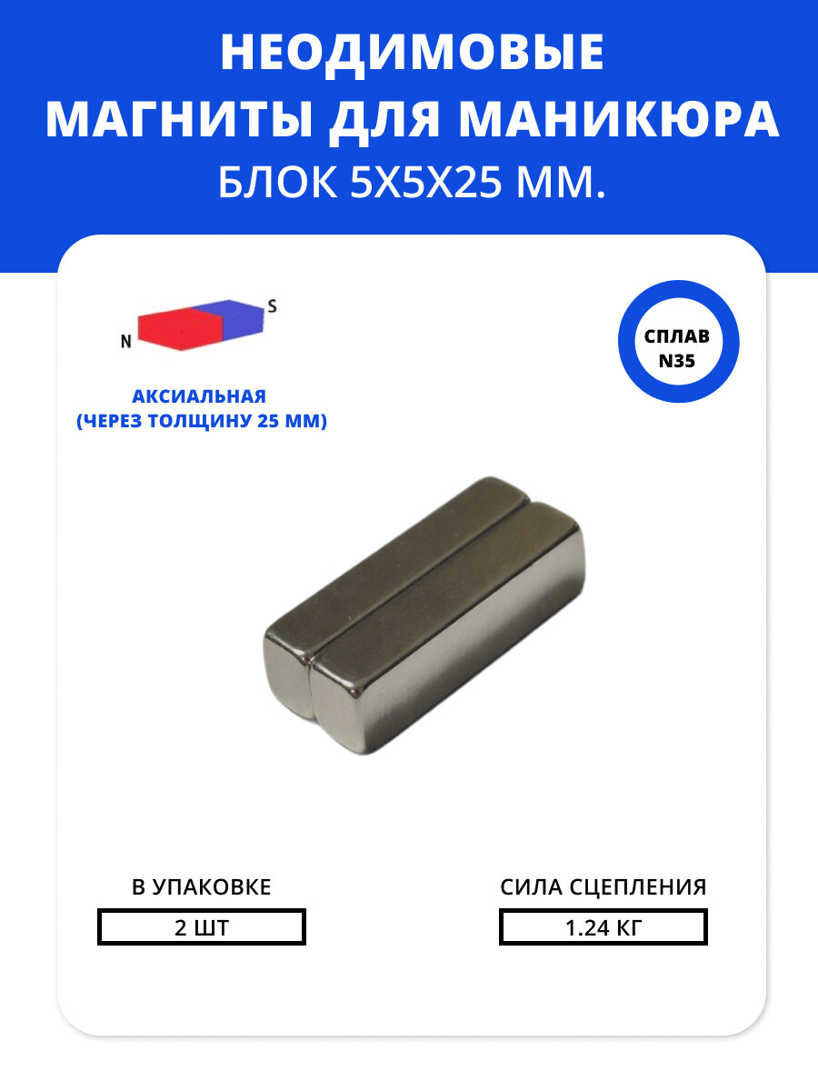 Магнит для гель лака кошачий глаз 5*5*25 мм, магнит для маникюра, 2 шт.