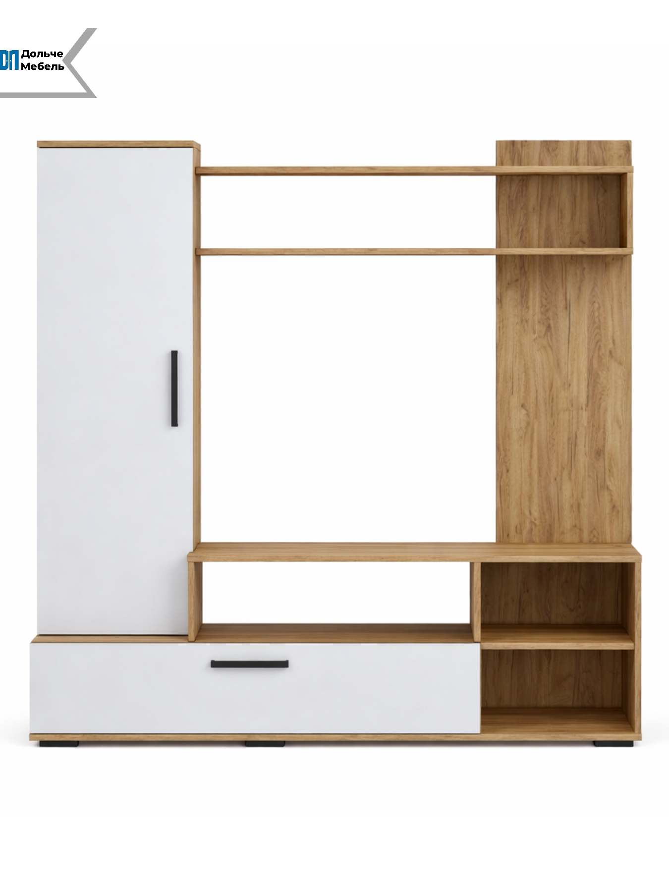 Стенка в гостиную БТС Мебель Евро 2, 150×152×44 см, современная мебель под ТВ с шкафом и полками, цвет крафт/белый