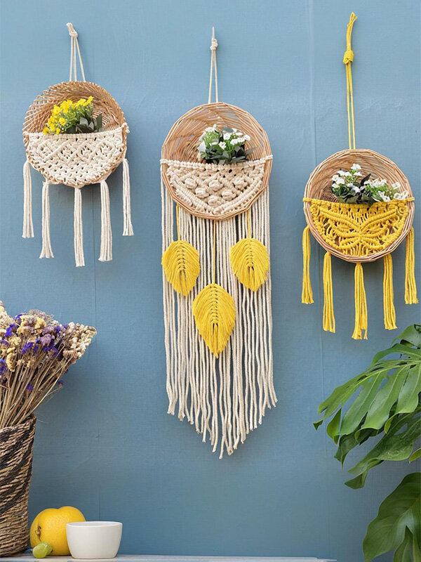 Плетеный гобелен для украшения интерьера Цветочная корзина, размер 27*50 см