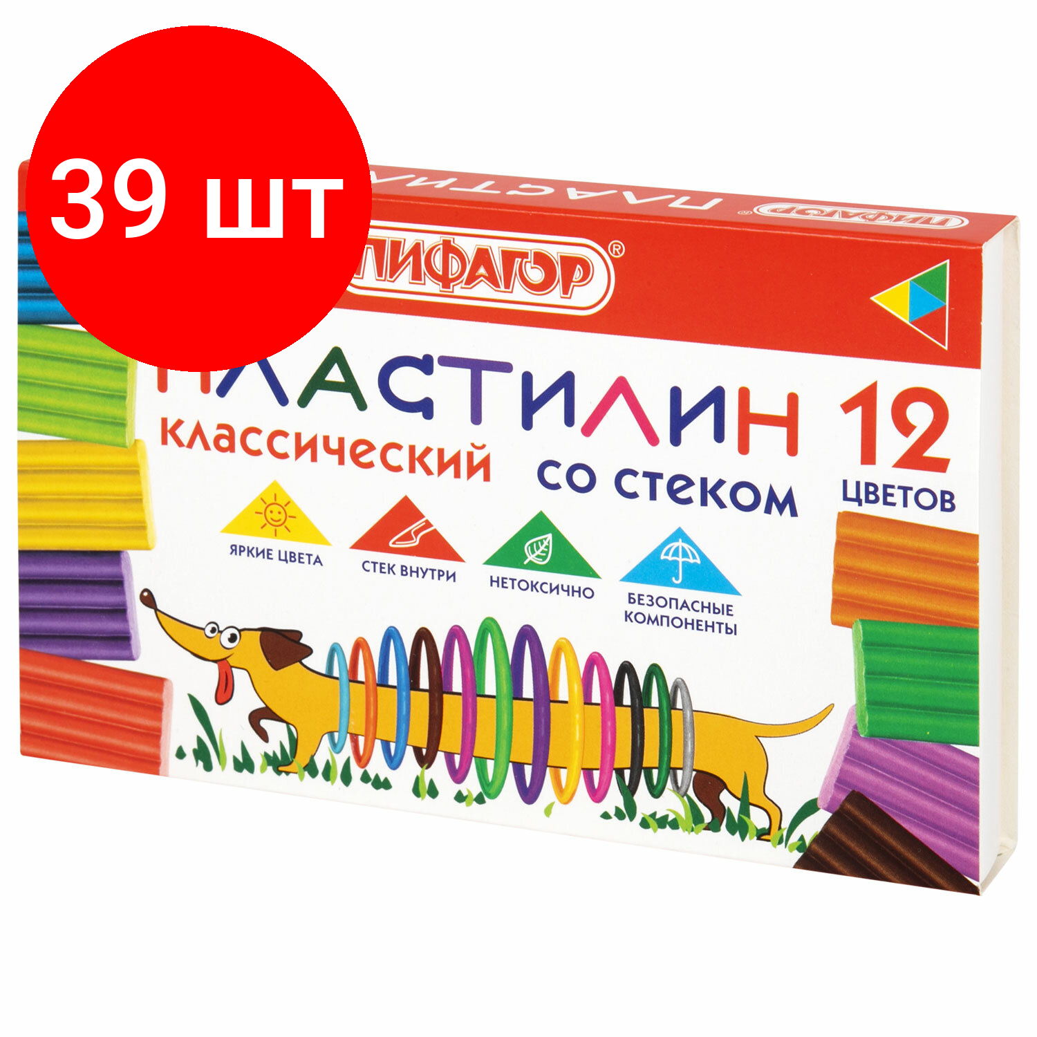 Комплект 39 шт, Пластилин классический пифагор "Веселая такса", 12 цветов, 180 г, со стеком, 106675