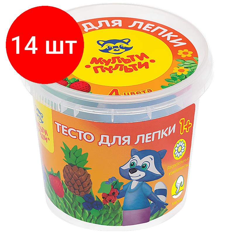 Комплект 14 шт, Тесто для лепки Мульти-Пульти "Енот на каникулах", 04 цвета*60г, пластиковый стакан