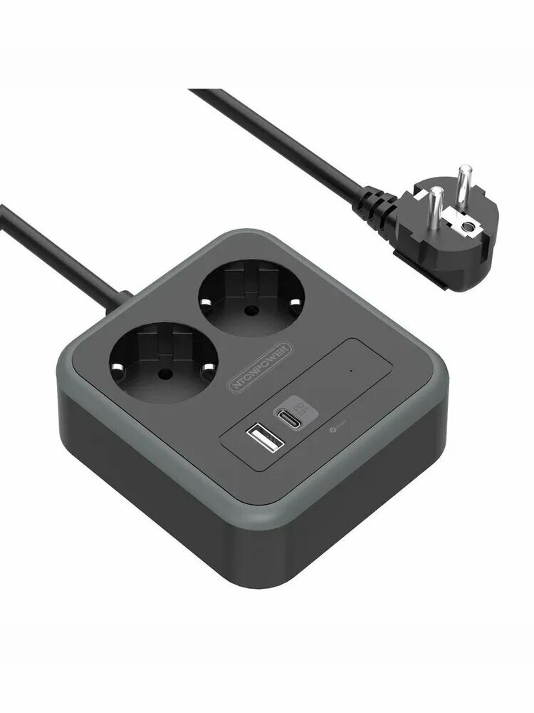 Сетевой фильтр NTONPOWER APD сетевой удлинитель, 2 USB 2 розетки, PD 20W USB-C 18W USB-A, 1.5 м удлинитель, для путешествий домашних офисов, черный