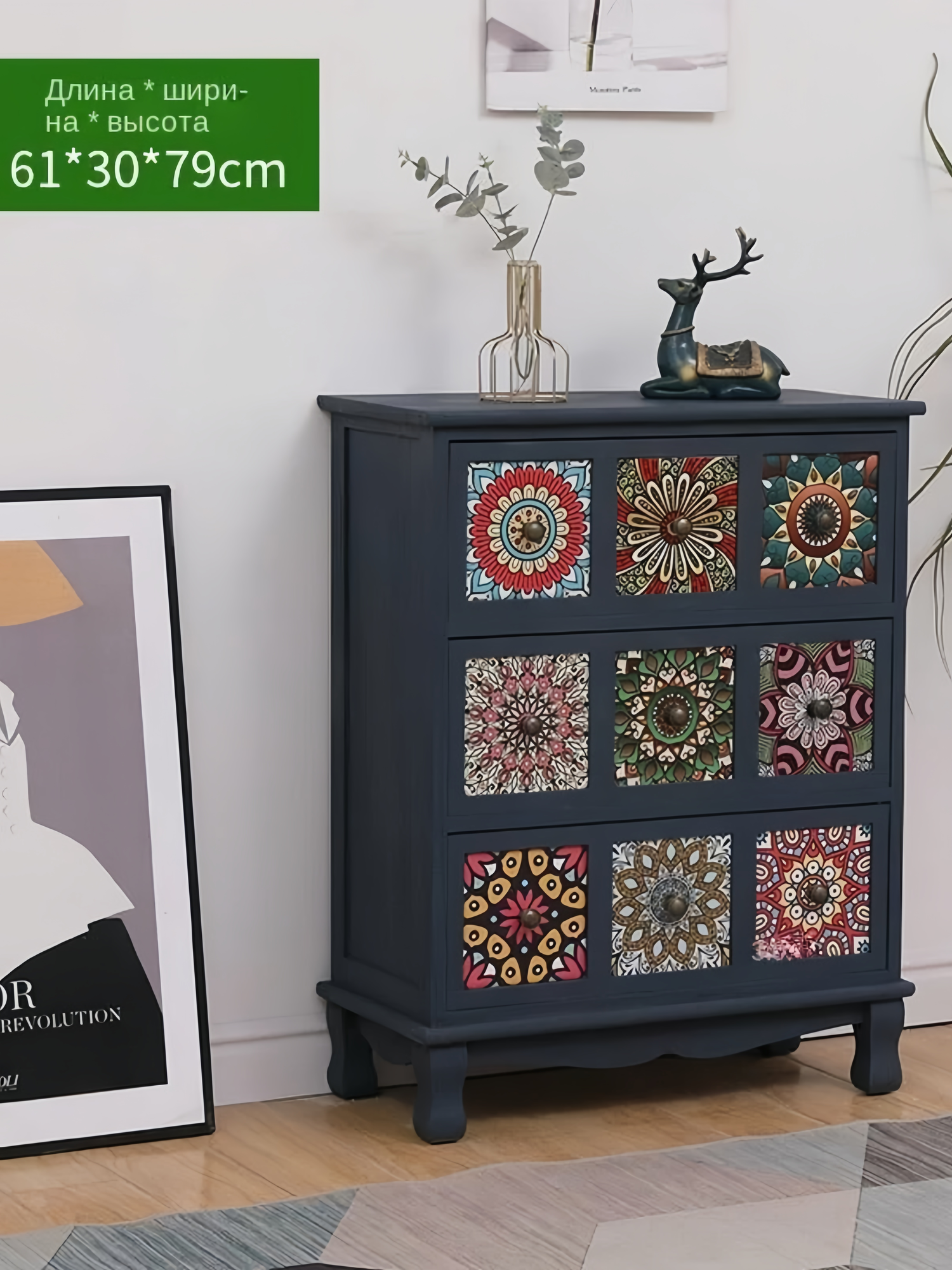 Комод ASDF, 3 ящика, классический стиль, синий, массив дерева,