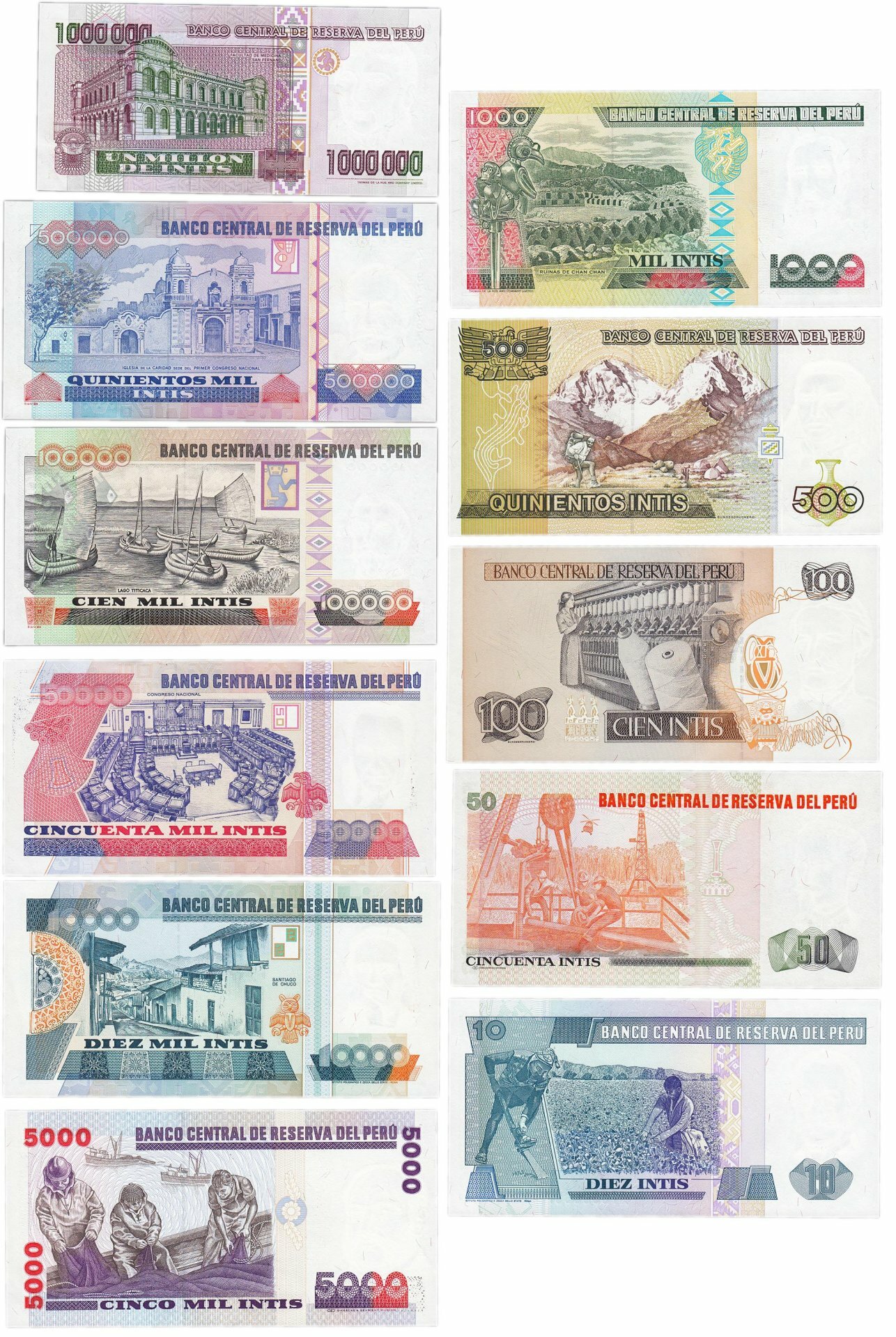 Перу набор 11 штук 10, 50, 100, 500, 1000, 5000, 10000, 50000, 100000, 500000 и 1000000 инти 1987 -1990 годов В официальном Буклете