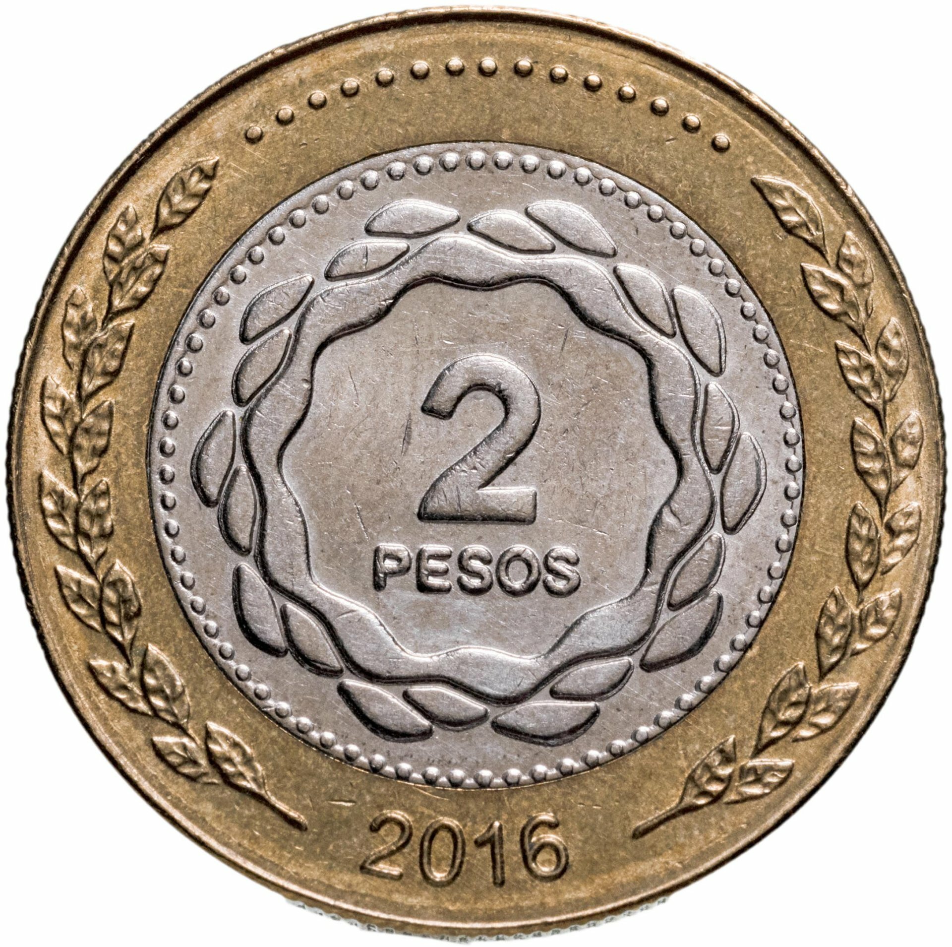 Аргентина 2 песо pesos 2016, Биметалл, в сохранности AU-UNC
