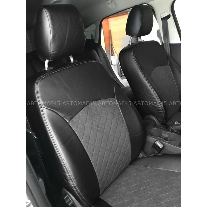 Авточехлы Ford Focus 3 Форд Фокус 3 Trend экокожа алькантара черная серая нить ромб
