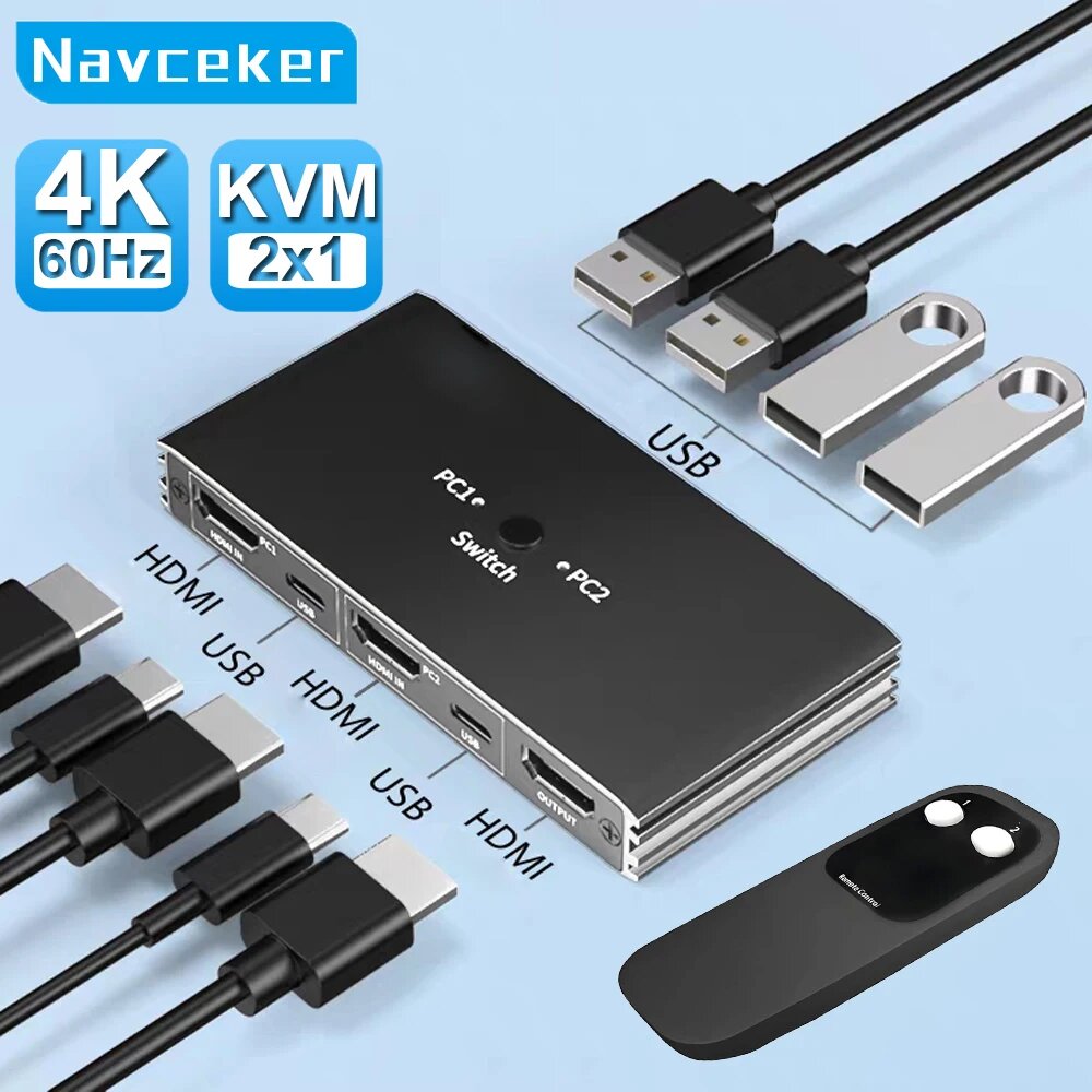 Navceker 2-портовый KVM-переключатель HDMI 4K 60 Гц 2K 120 Гц Видеопереключатель с пультом дистанционного управления 2 ПК Share 1 монитор USB для мыши, клавиатуры, принтера