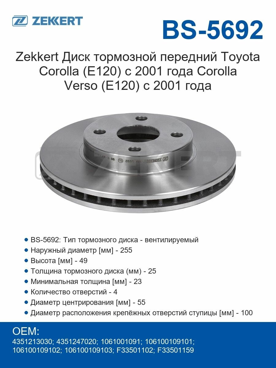Zekkert Диск тормозной передний Toyota Corolla (E120) с 2001 года Corolla Verso (E120) с 2001 года