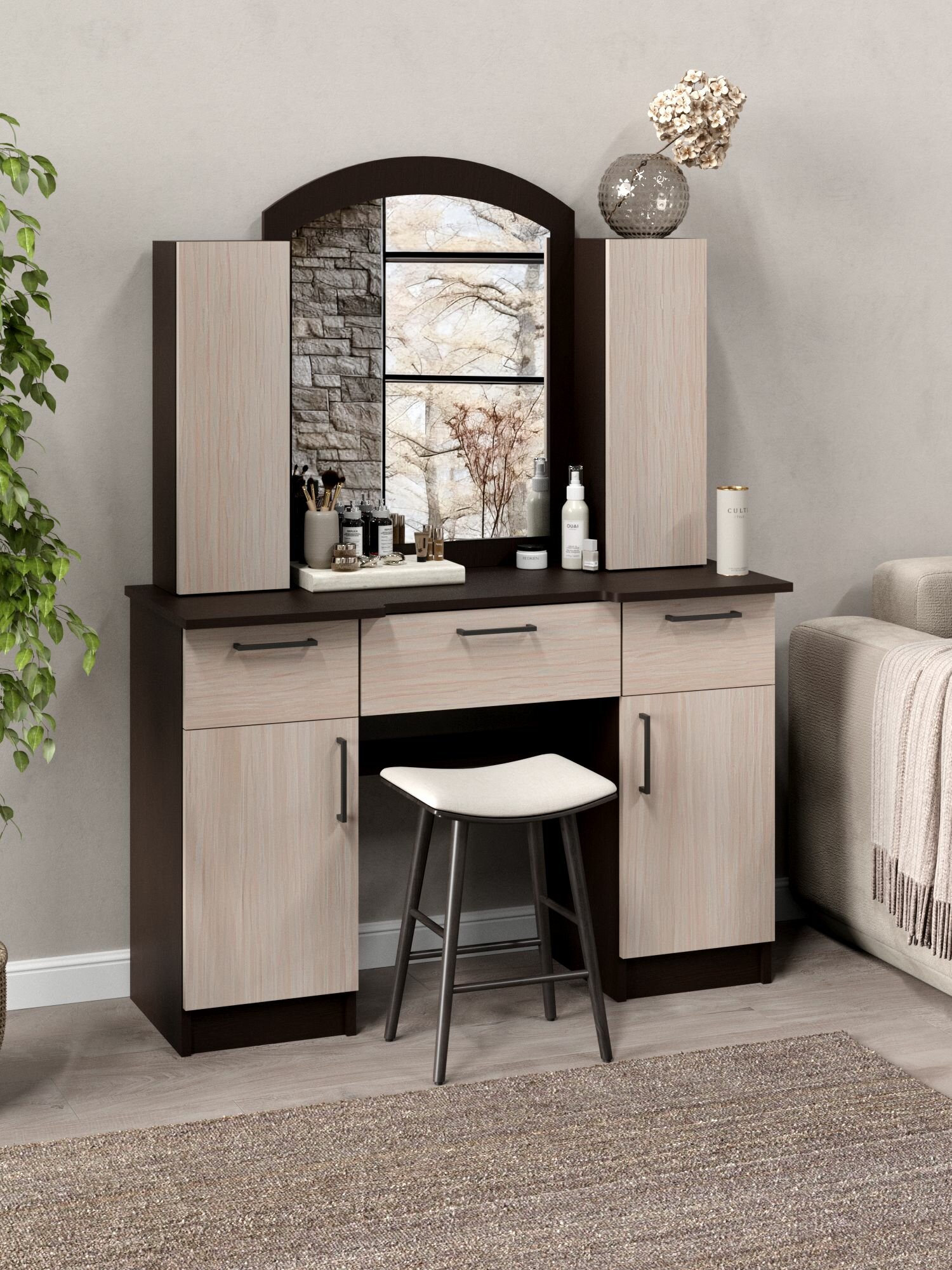 InHouse Туалетный столик КМ-18 Венге/дуб молочный 110х40х147, фасады ЛДСП