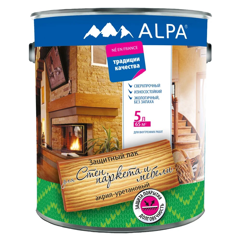Лак акрил-уретановый для стен, паркета и мебели ALPA глянцевый 5л (5,3 кг) 3488570030189