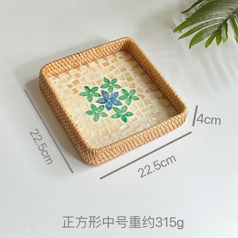 Вьетнамская плетеная тарелка из ротанга с цветными ракушками, скандинавский креативный ручной работы, декоративная тарелка для фруктов, поднос для хранения украшений, поднос для чая, квадратная тарелка