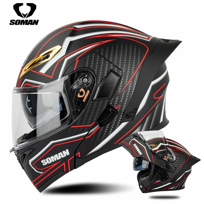 Модульный шлем SOMAN, откидной анфас, мотоциклетные шлемы для мужчин и Черный, L, Helmet with Mask