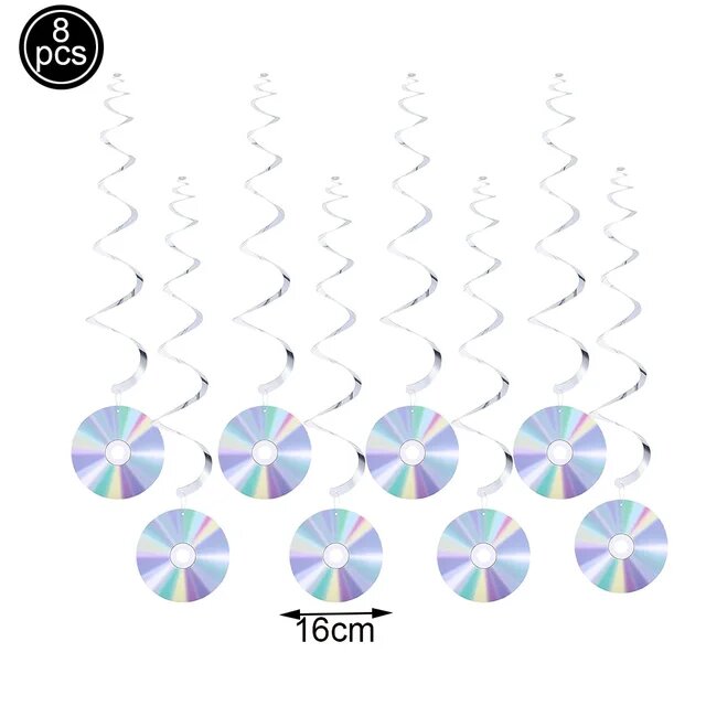Декоративный венок в стиле музыкальных компакт-дисков, подвесное украшение в виде спирали из компакт-дисков, воздушный шар в виде музыкальной ноты, украшение для вечеринки в стиле диско 90-х годов.