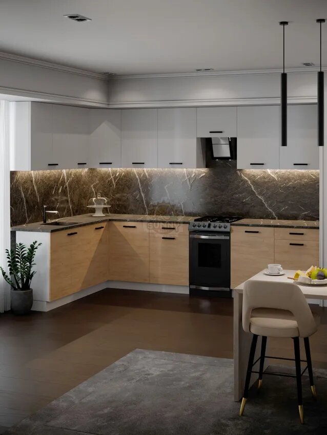 Кухня модульная угловая со столешницей Мария, 180см х 310см, Белый гладкий/Дуб Вотан ЛДСП, 180х310х60 см, столеш-а 60 см