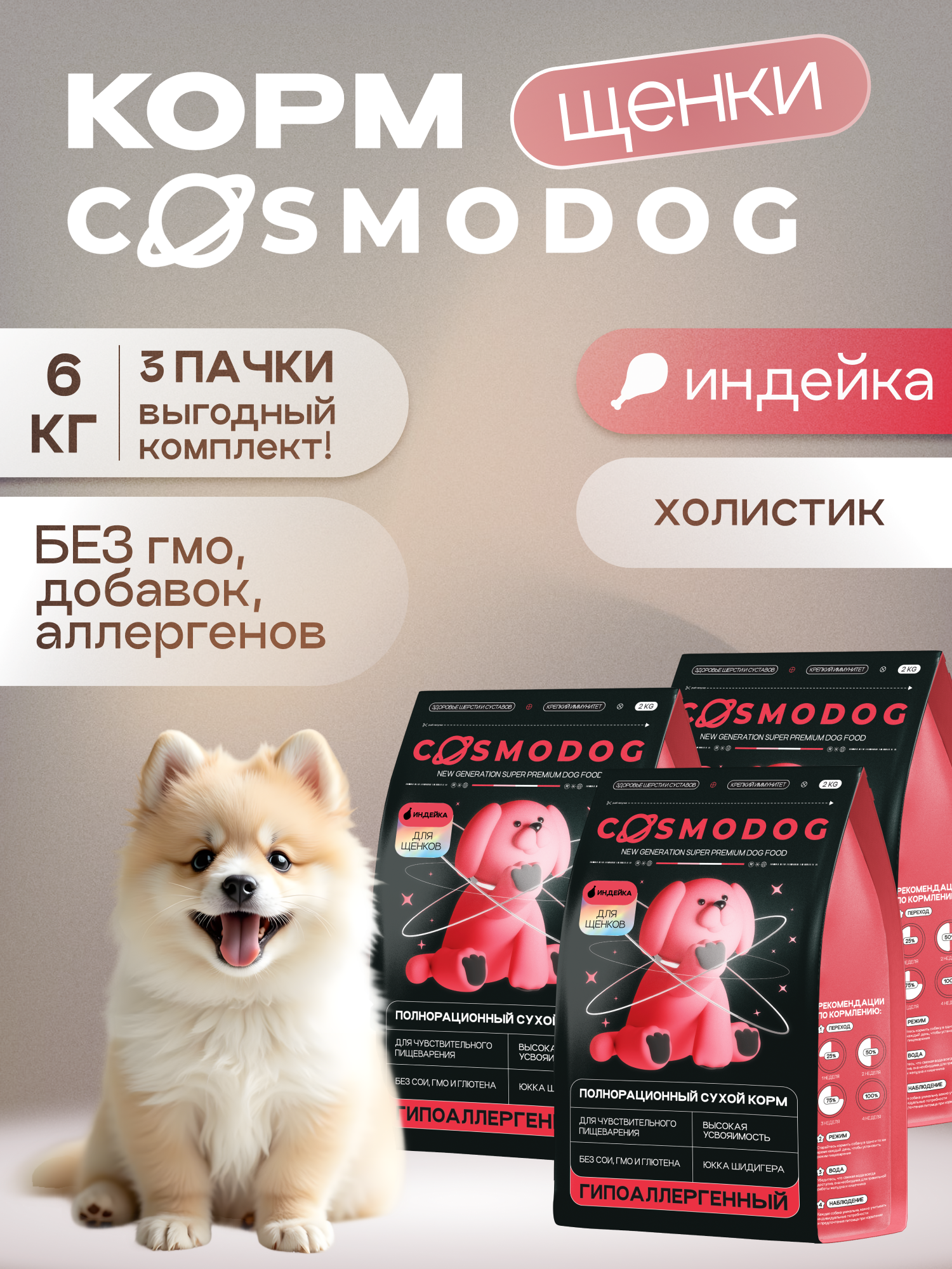 Сухой корм для щенков премиум класса Cosmodog 6 кг, для мелких и крупных пород с индейкой, гипоаллергенный холистик