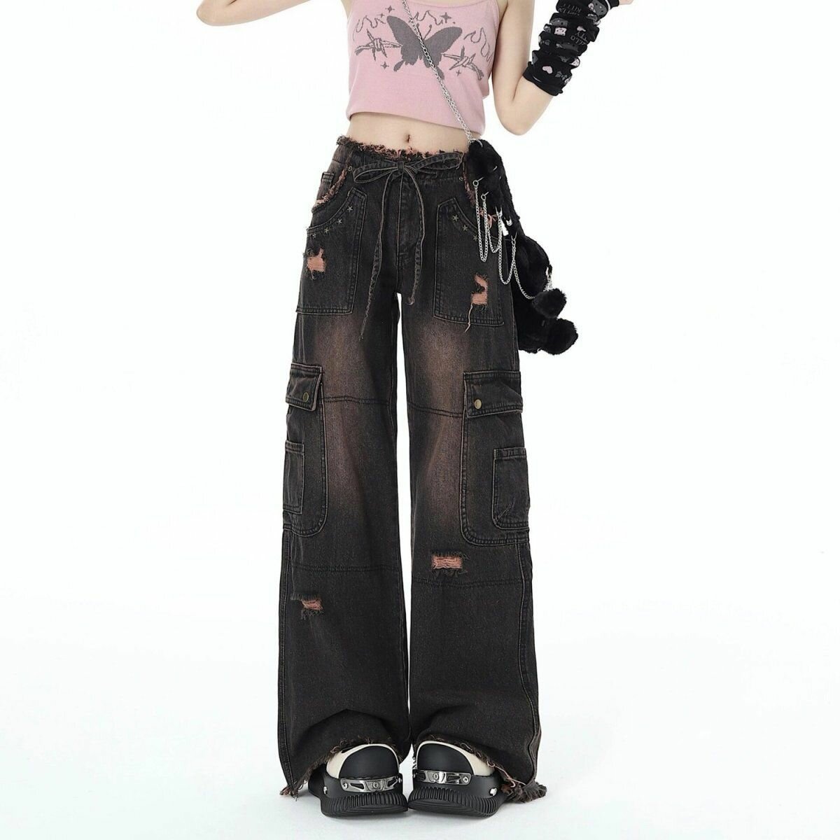 Комфортные ZY Джинсы- много карманов мужские для танца постапокалипсис стиль деним, Размер_2XL