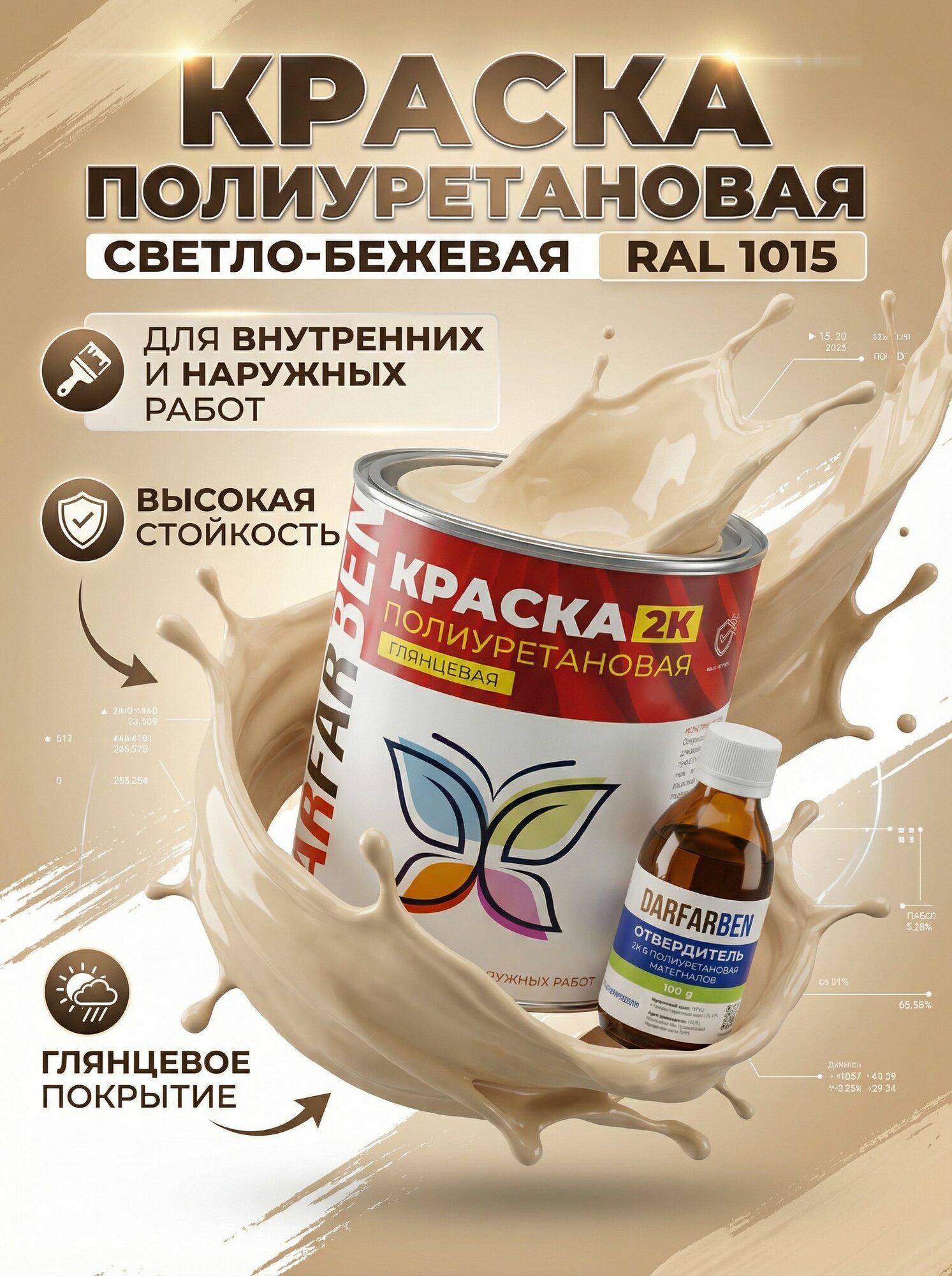 Полиуретановая краска по дереву, металлу, бетону светло-бежевая 1 кг глянцевая DARFARBEN