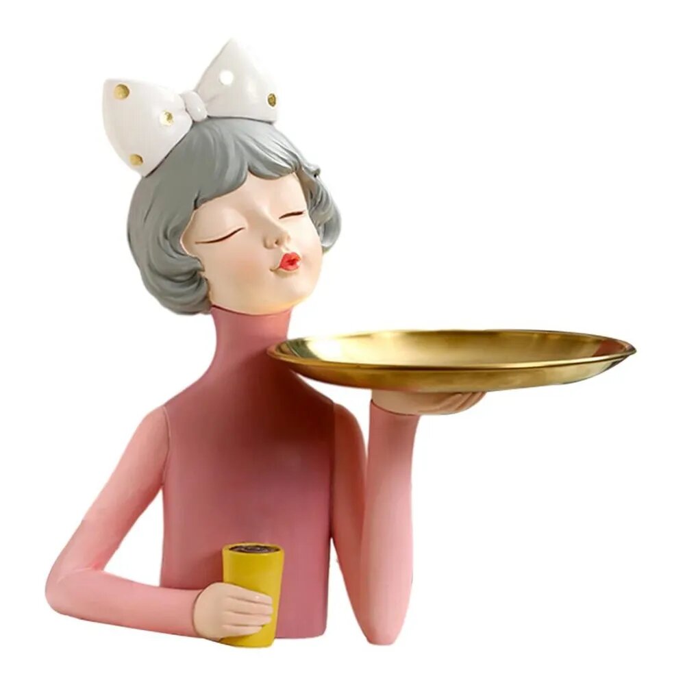 Сувенирная статуэтка в виде девушки с подносом, розовая, полирезин, для украшений, 1 шт