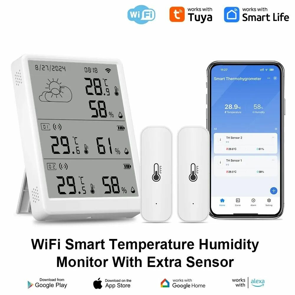 Беспроводная метеостанция Tuya WIFI гигрометр с 2 датчиками температуры и влажности для дома и улицы
