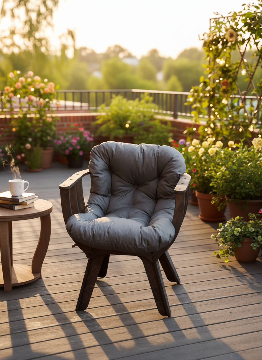 Садовое кресло "ракушка XL" для отдыха на даче, цвет темный дуб + серая подушка