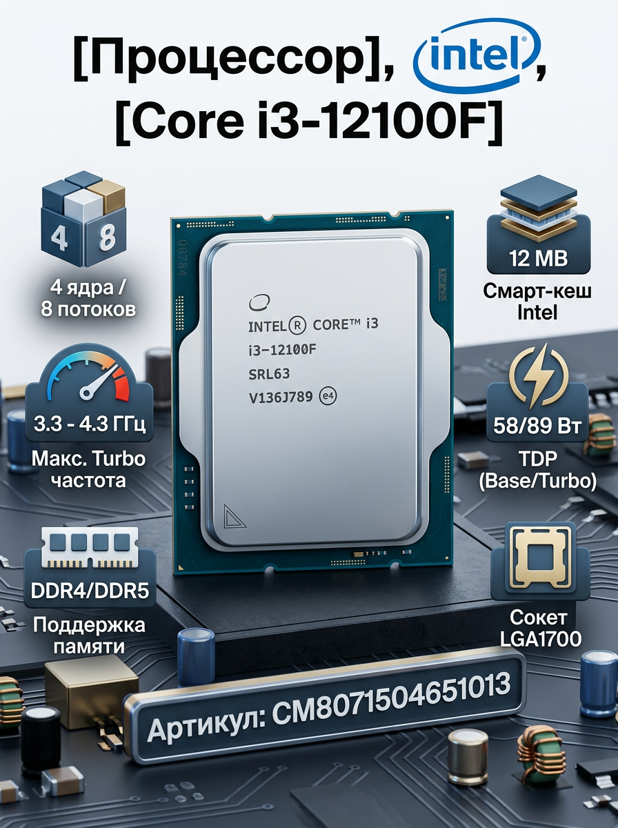 Процессор Intel Core i3-12100F (CPU LGA1700, Alder Lake, 4C/8T, 3.3/4.3GHz, 12MB, 58/89W), CM8071504651013, OEM