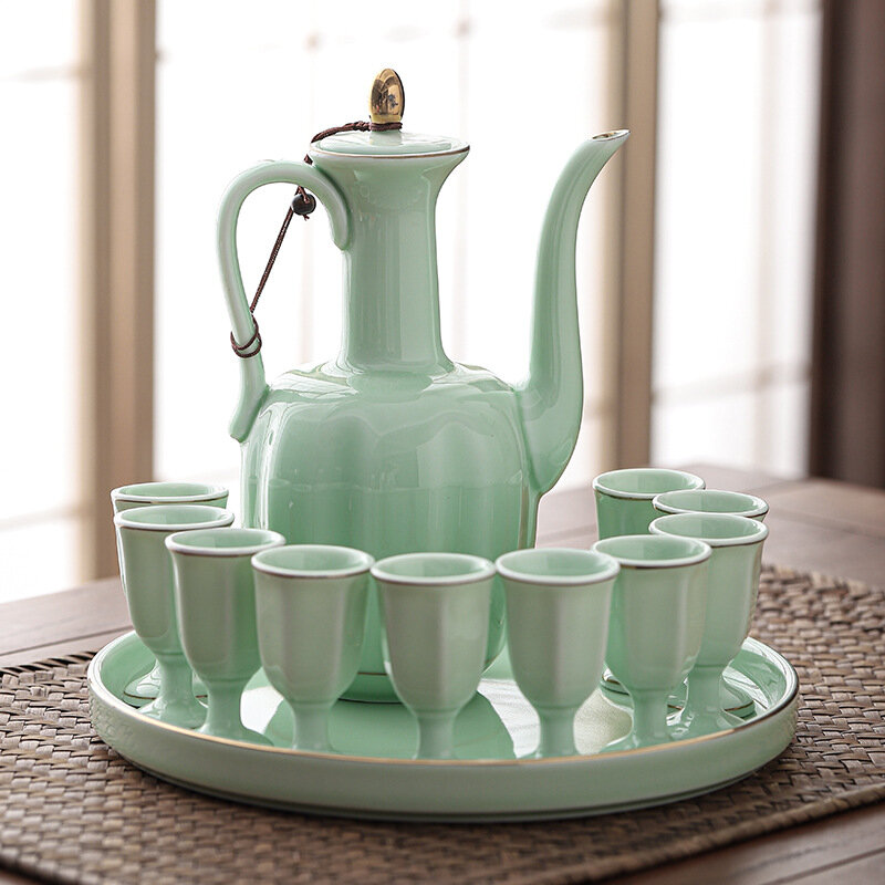 Керамический подогреваемый винный кувшин и набор для вина, домашняя чашка для напитков в китайском стиле из селадона, диспенсер для вина, чашка для саке и желтого вина.