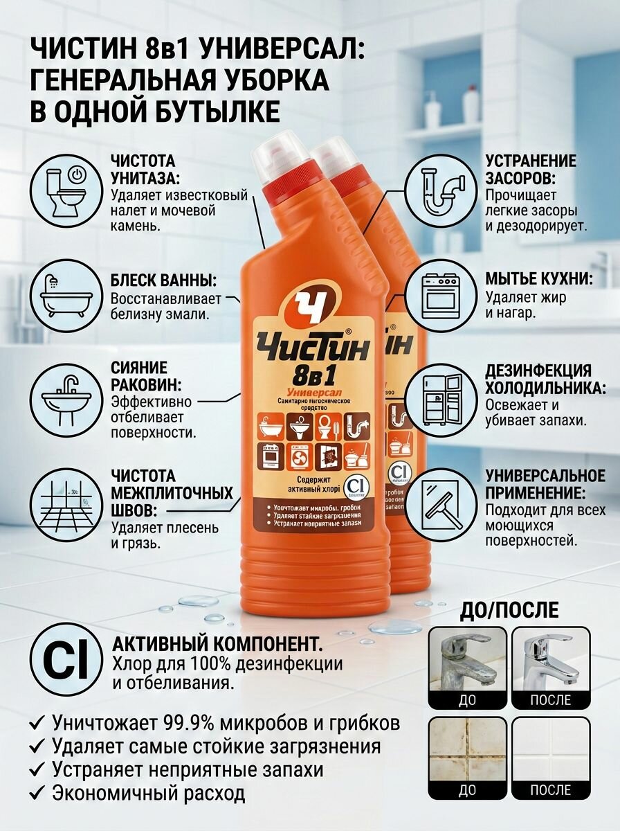 Чистящее средство "Чистин Универсал 8 в 1", 2 шт. по 750 мл.