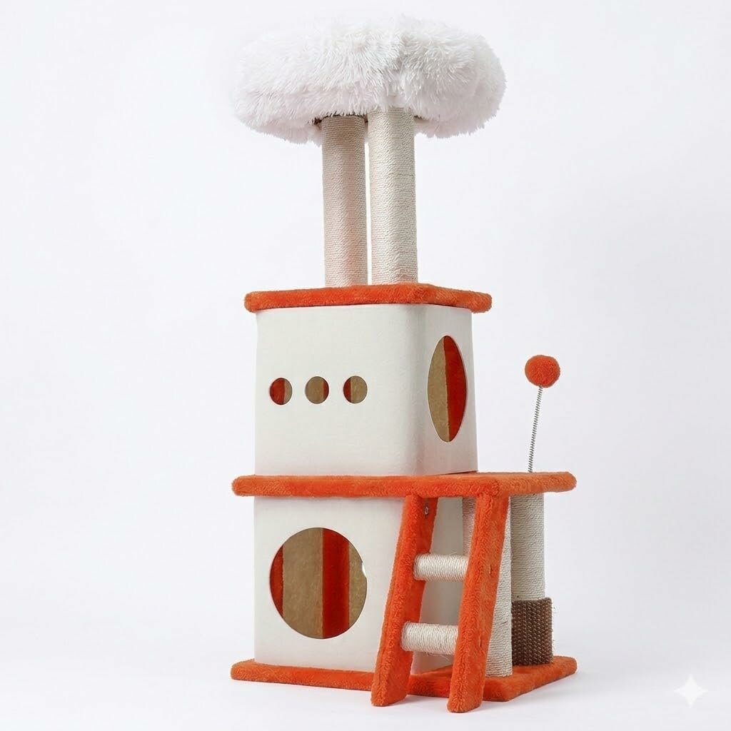 DINGXIAN Большая кошачья башня на дереве с двойным наполнителем для кошачьего туалета и когтеточкой -крытая игровая площадка для кошек с мягкой постелью, игрушечным мячом и лестницей для когтеток