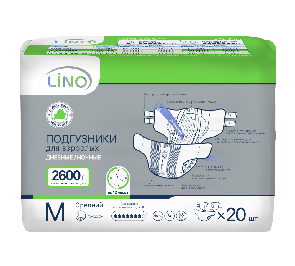 Подгузники для взрослых LINO Дневные/Ночные с повышенной впитываемостью Размер М 20шт